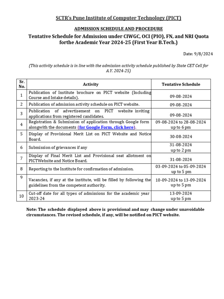 v6 - Pict - Ciwgc, Oci, FN, & Nri - Admission Schedule A.Y. 2024-25 | PDF