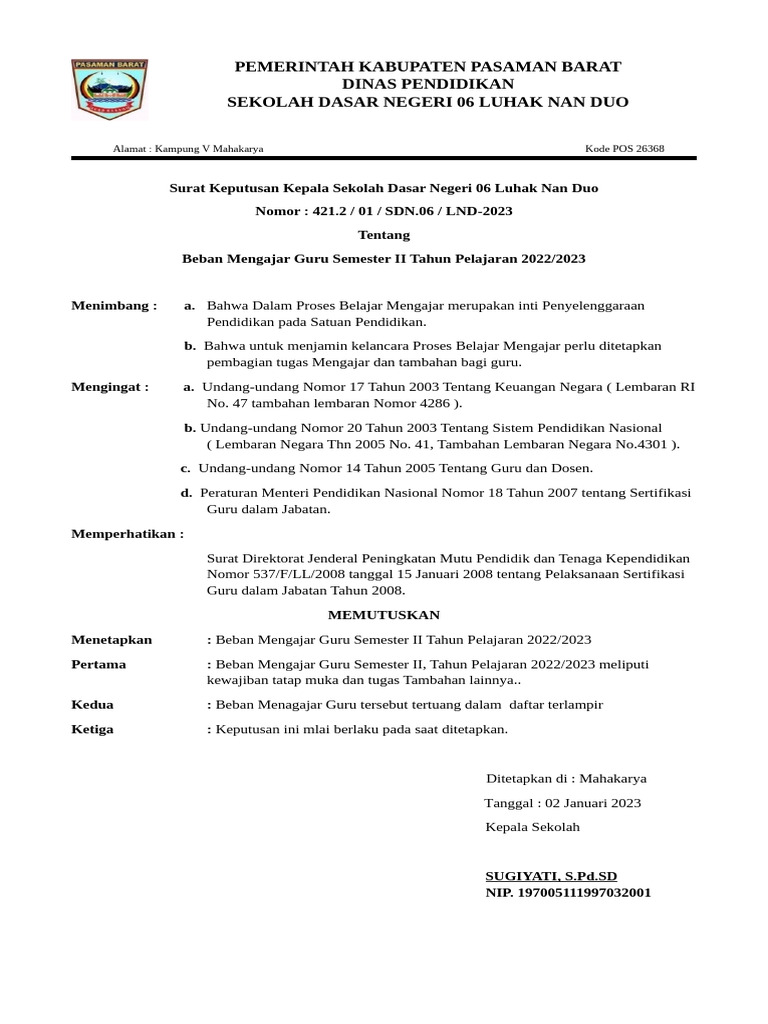 SK BEBAN MENGAJAR SEM II Jan 2023 | PDF