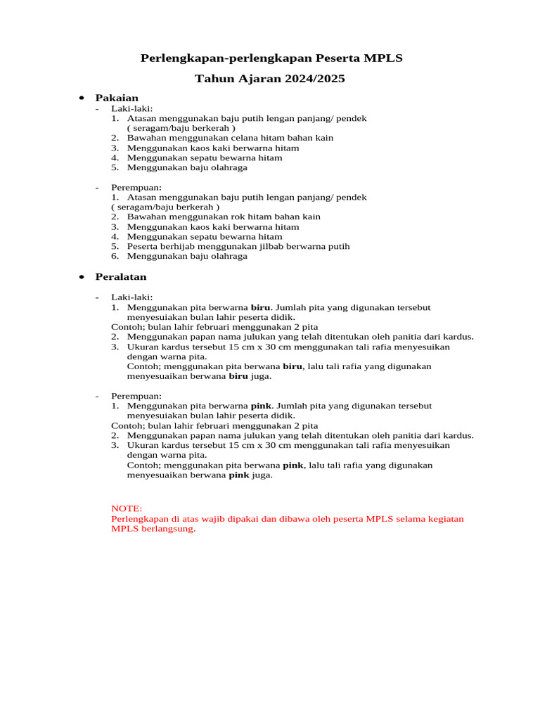 Perlengkapan & Tata Tertib Peserta Mpls | PDF