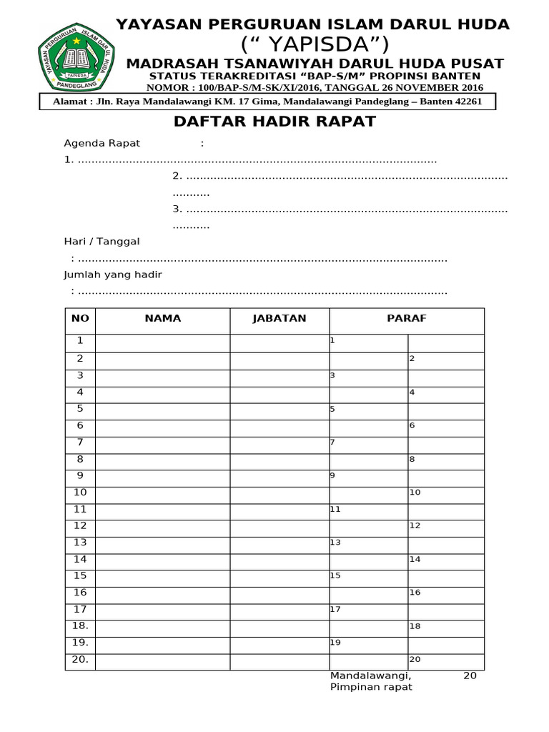 Daftar Hadir Rapat Guru | PDF
