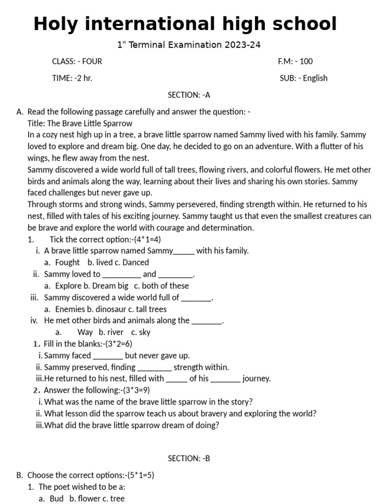 Class 4 English Question Term 1 ST | PDF