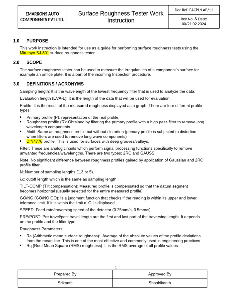 Surface Roughness Tester Work Instruction | PDF