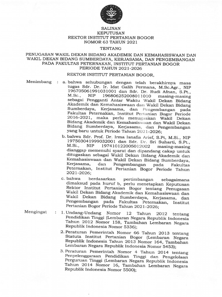 21-02-25 SK Rektor IPB Penugasan Wakil Dekan Bidang AK Dan Wakil Dekan ...