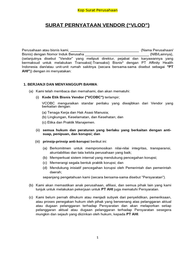 Surat Pernyataan Vendor Vlod - 2024 - Final | PDF