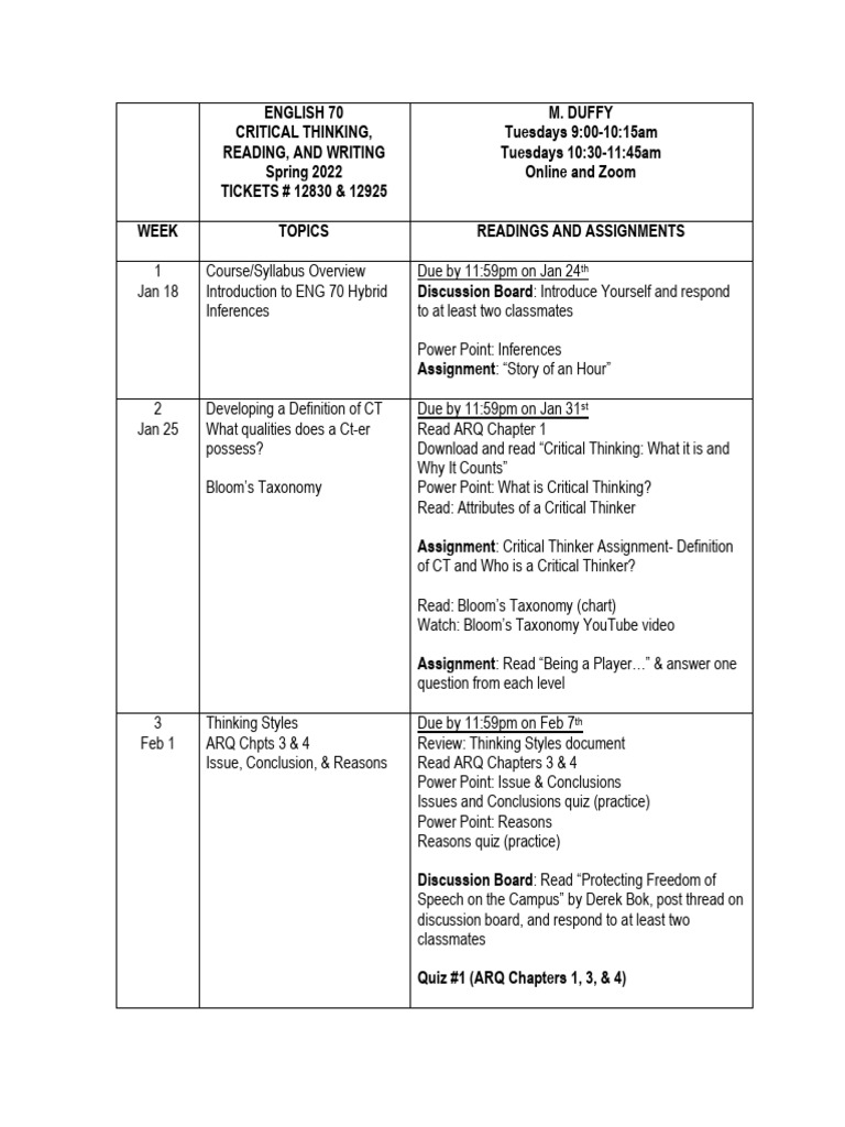 ENG 70 Hybrid Daily Schedule SP22 | PDF