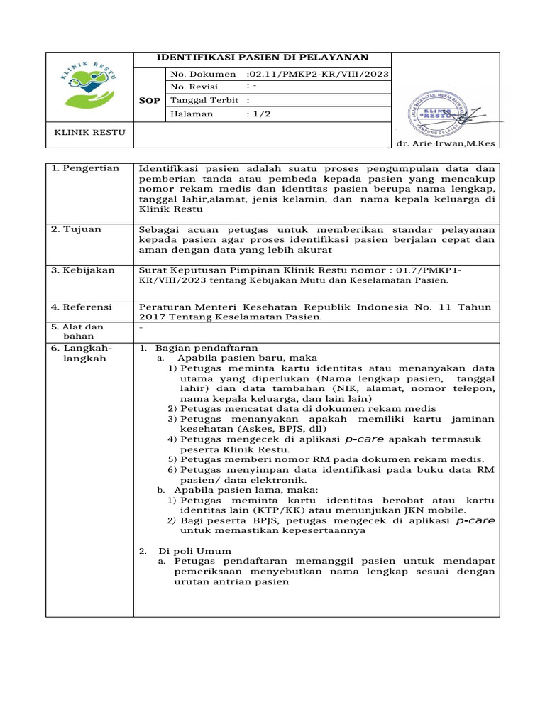 PMKP 2.1.1 Sop Identifikasi Pasien | PDF
