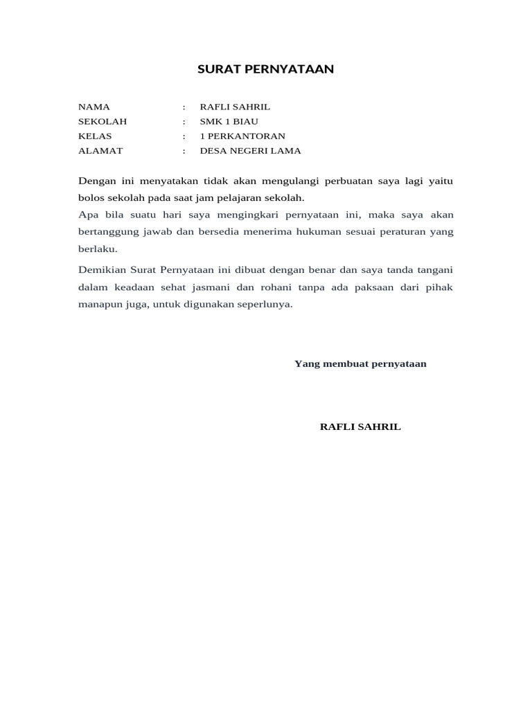 Surat Pernyataan Anak Sekolah | PDF