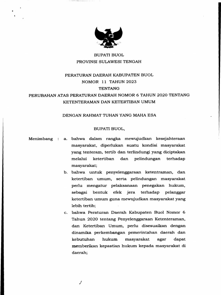 Perda Nomor 11 Tahun 2023 Tentang Perubahan Atas Perda No 6 Tahun 2020 Tentang Trantibun. (Polos ...
