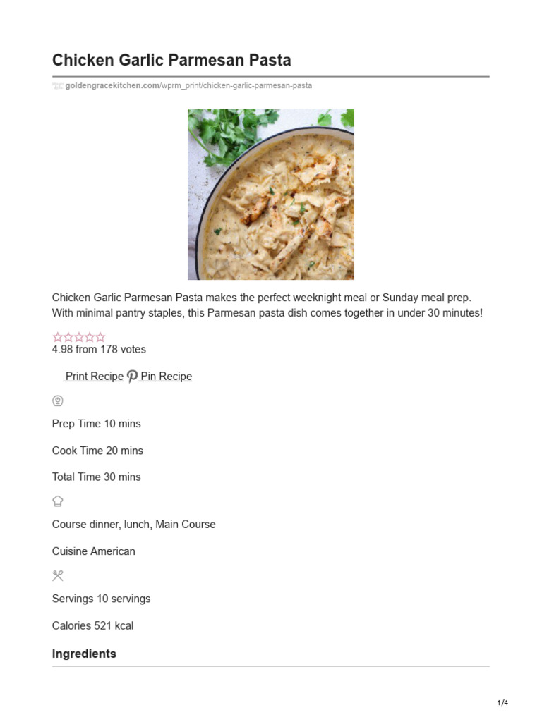 Chicken Garlic Parmesan Pasta | PDF