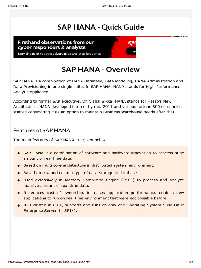 Sap Hana - Quick Guide | PDF