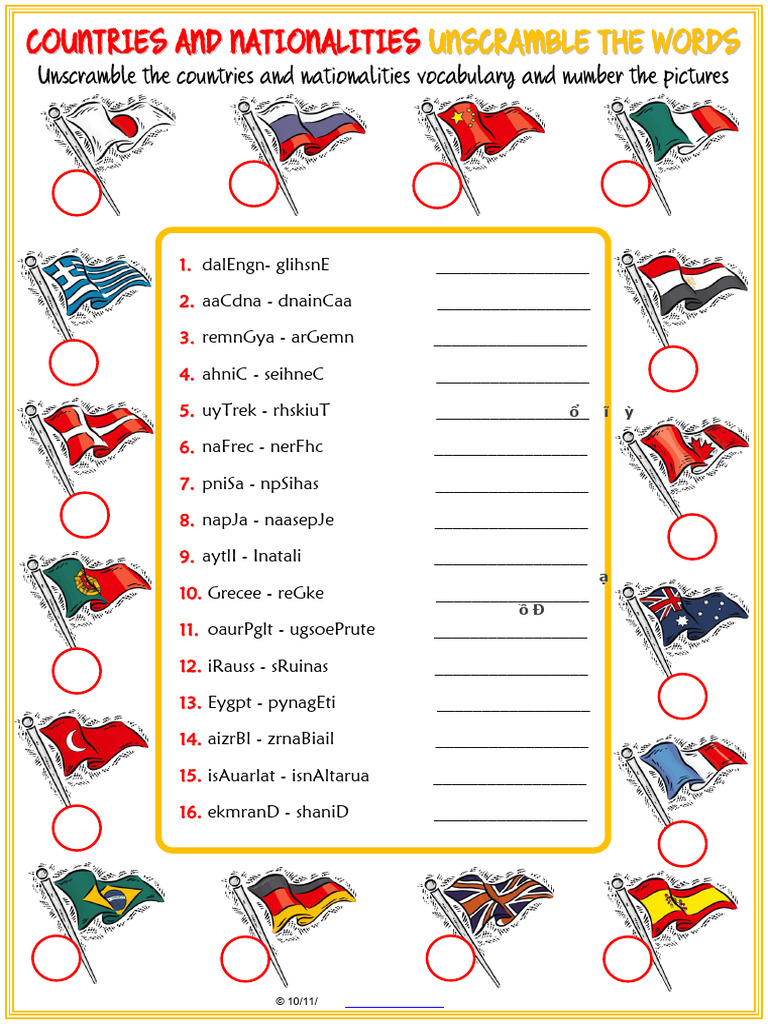 Na - U5 - HW - Countries and Nationalities Unscramble | PDF