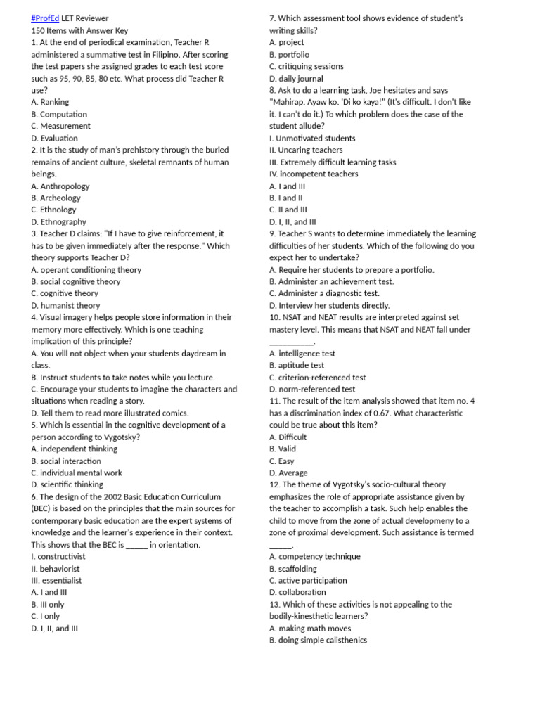 ProfEd LET Reviewer | PDF | Teachers | Learning
