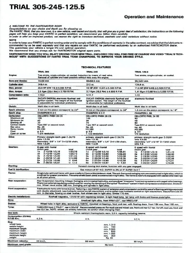 Classic-Fantic 305-245-125.5 Trial Owners Manual | PDF