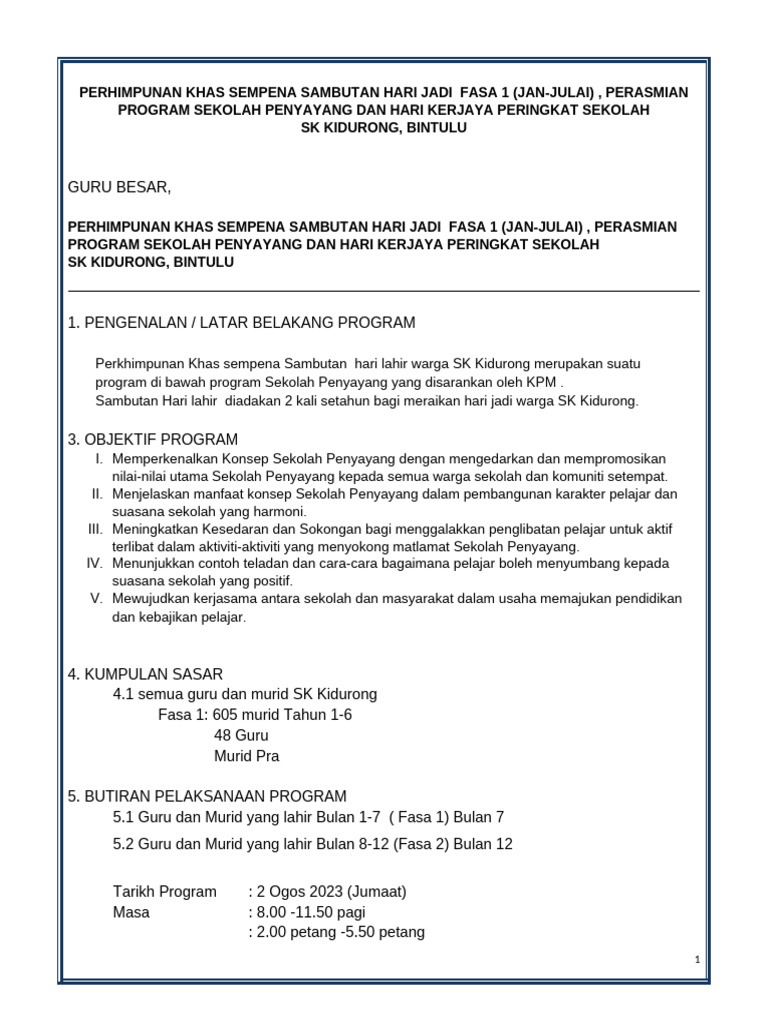 Kertas Kerja Perasmian Sekolah Penyayang 2024 | PDF