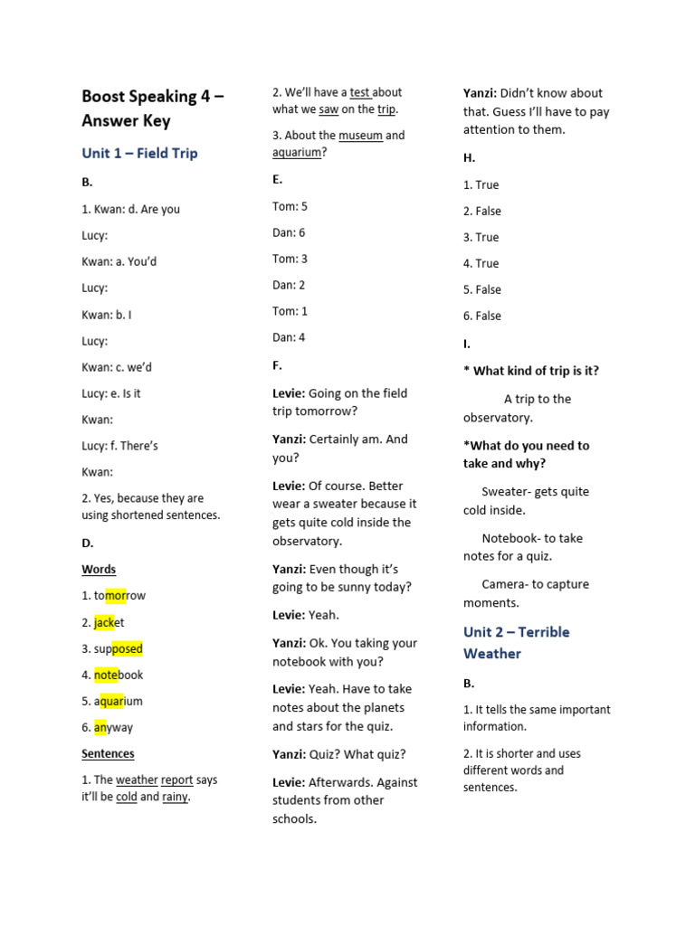 Boost Speaking 4 - Answer Key | PDF