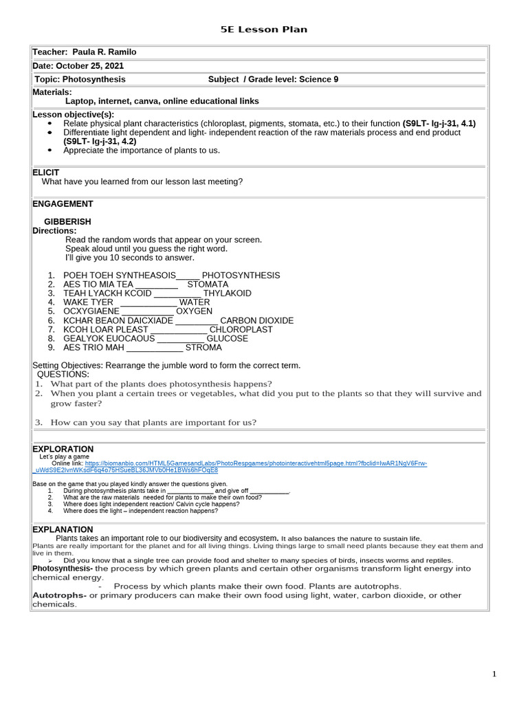 COT1 - LP - Ramilo, Paula R. Lesson - Plan - 5E - Photosynthesis | PDF
