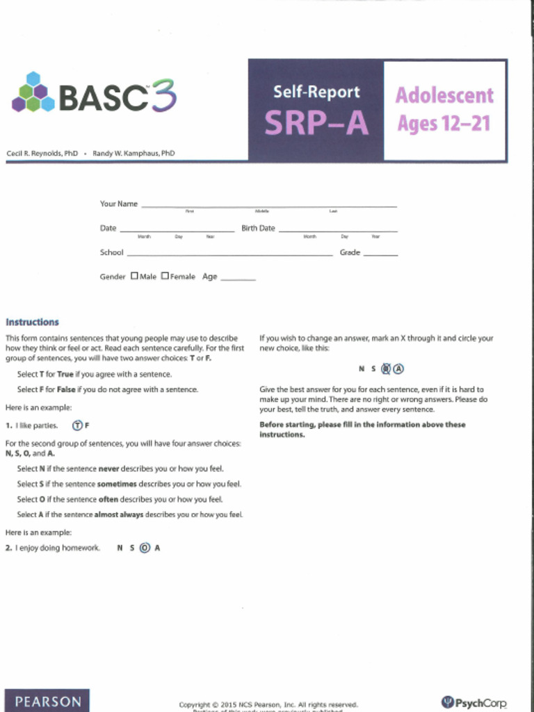 Basc 3 Self Report Adolescent Ages 12-21 | PDF