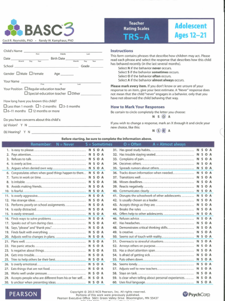Basc 3 Teacher Rating Scales Adolescent Ages 12 - 21 | PDF