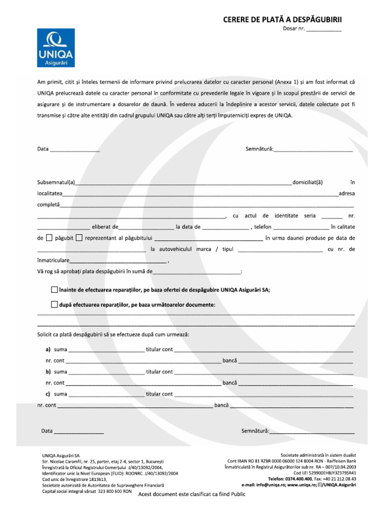 Cerere de Plata A Despagubirii - Uniqa | PDF