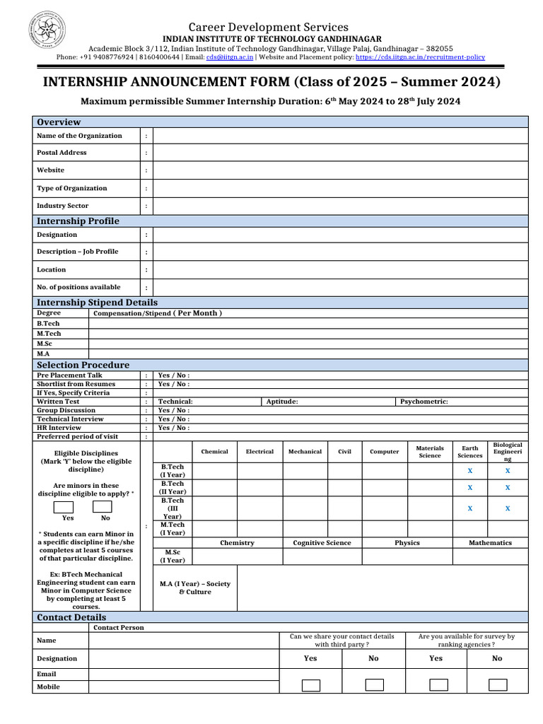 IAF IITGN 2024 For Summer Internship Hiring | PDF