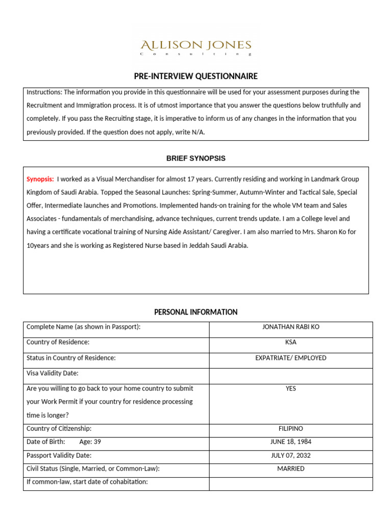 Pre-Interview Questionnaire | PDF