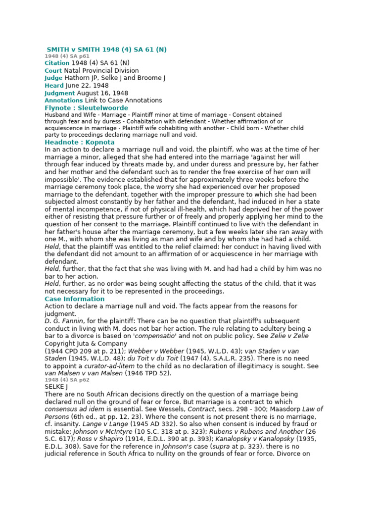 SMITH V SMITH 1948 (Pressured Into Marriage) | PDF
