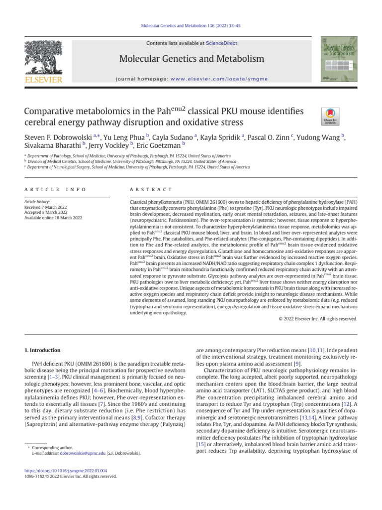 Comparative Metabolomics in The Pah (Enu2) Classical PKU Mouse ...