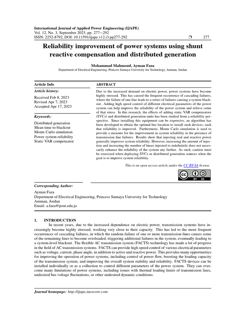 Reliability improvement of power systems using shunt reactive compensation and distributed ...