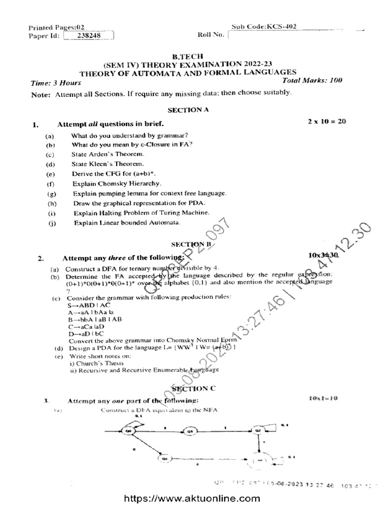 Btech Cs 4 Sem Theory of Automata and Formal Languages Kcs 402 Aug 2023 ... Btech Cs 4 Sem Theory of Automata and Formal Languages Kcs 402 Aug 2023 ...