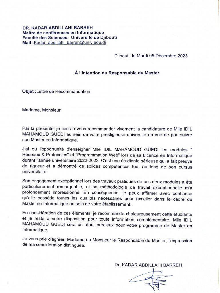Lettre de Recommandation 1 | PDF