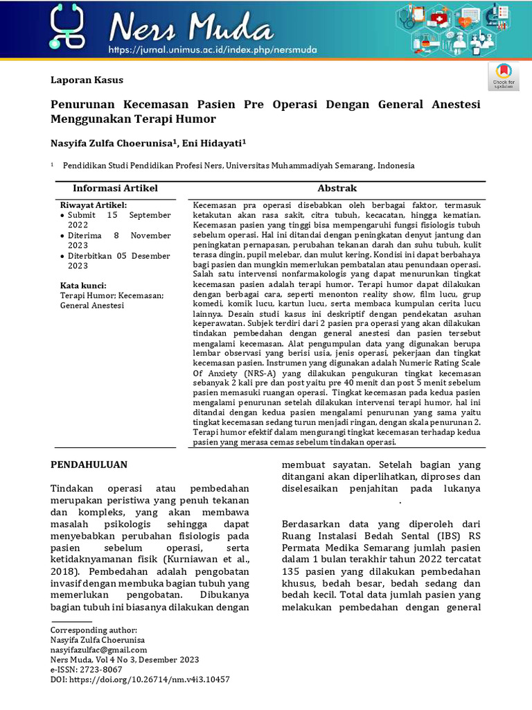 Penurunan Kecemasan Pasien Pre Operasi Dengan General Anestesi ...