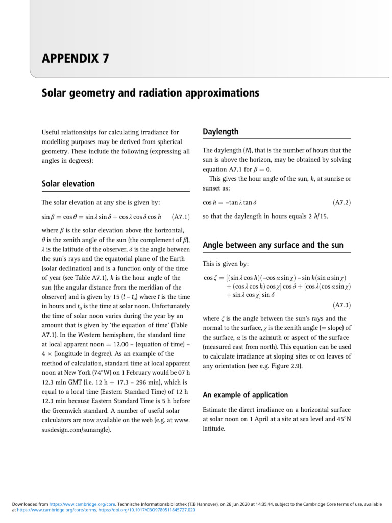 Solar Geometry and Radiation Approximations | PDF | Angle | Sun