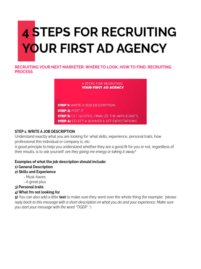 4 Steps For Recruiting Your First Ad Agency Summary 1 | PDF