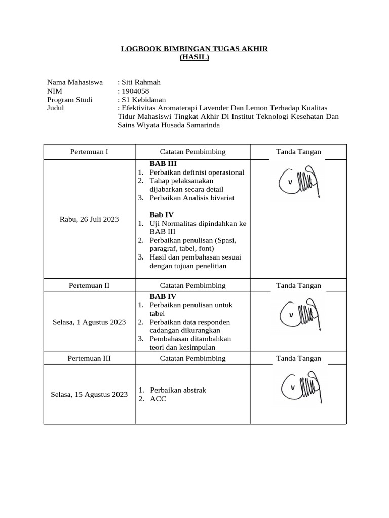 Logbook Bimbingan Tugas Akhir (Siti Rahmah) | PDF