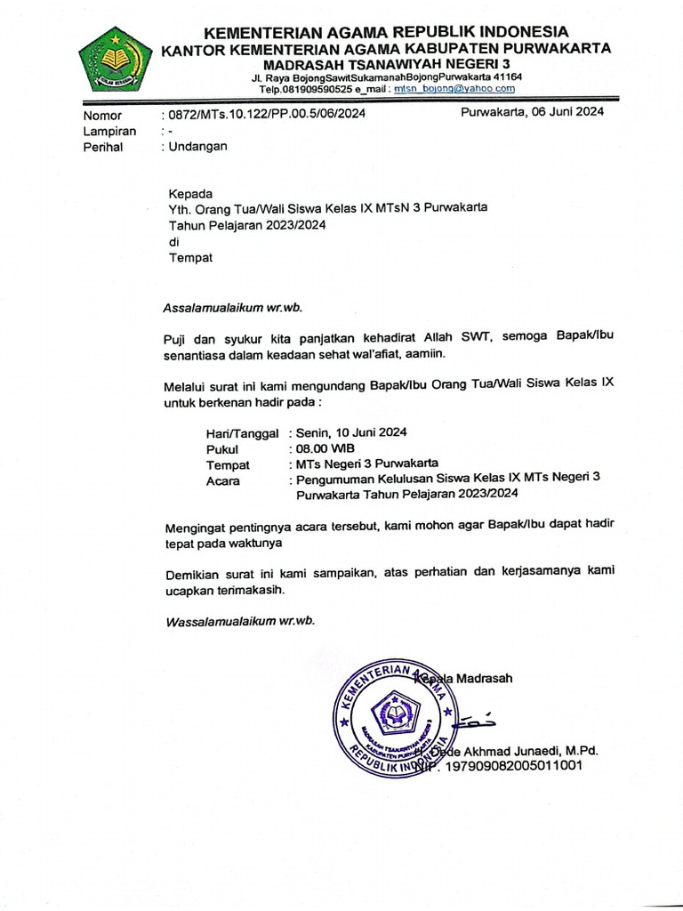 Undangan Pengumuman Kelulusan Kelas IX 2023-2024 | PDF