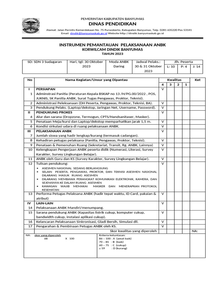Instrumen Monev Anbk 2023 | PDF
