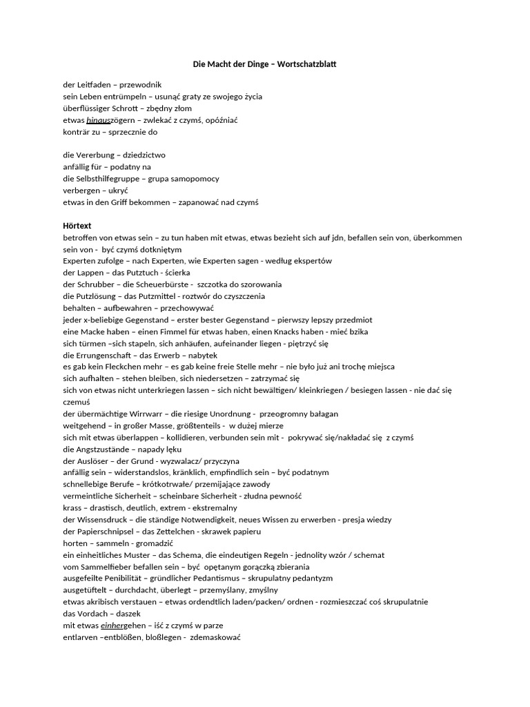 Die Macht Der Dinge - Wortschatzblatt | PDF