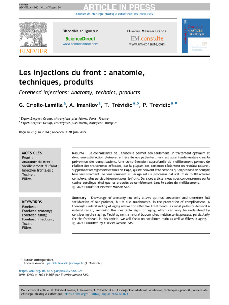 Les Injections Du Front Anatomie, Techniques, Produits | PDF