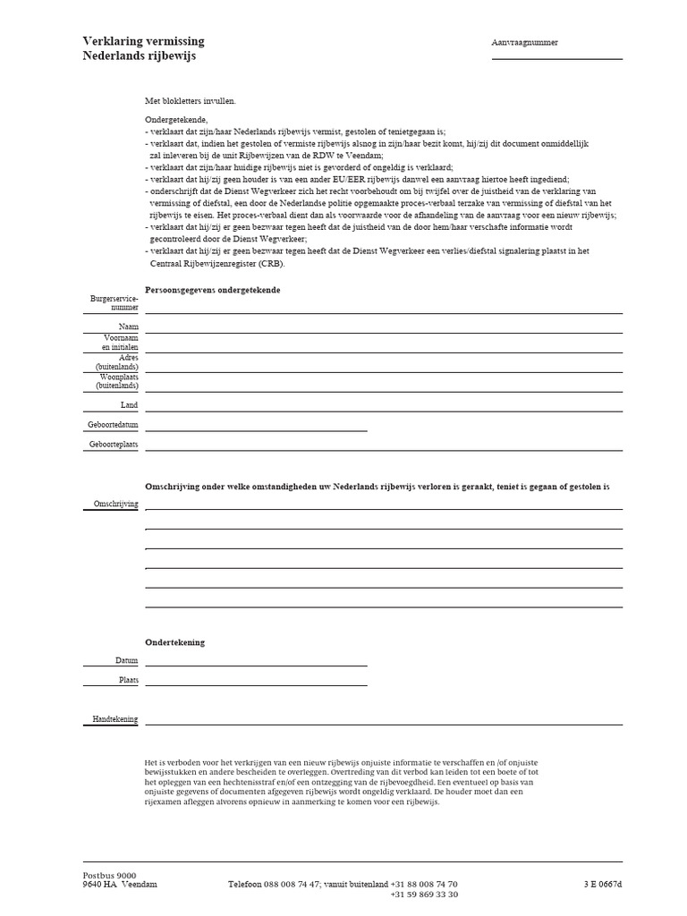 Verklaring Vermissing Nederlands Rijbewijs | PDF