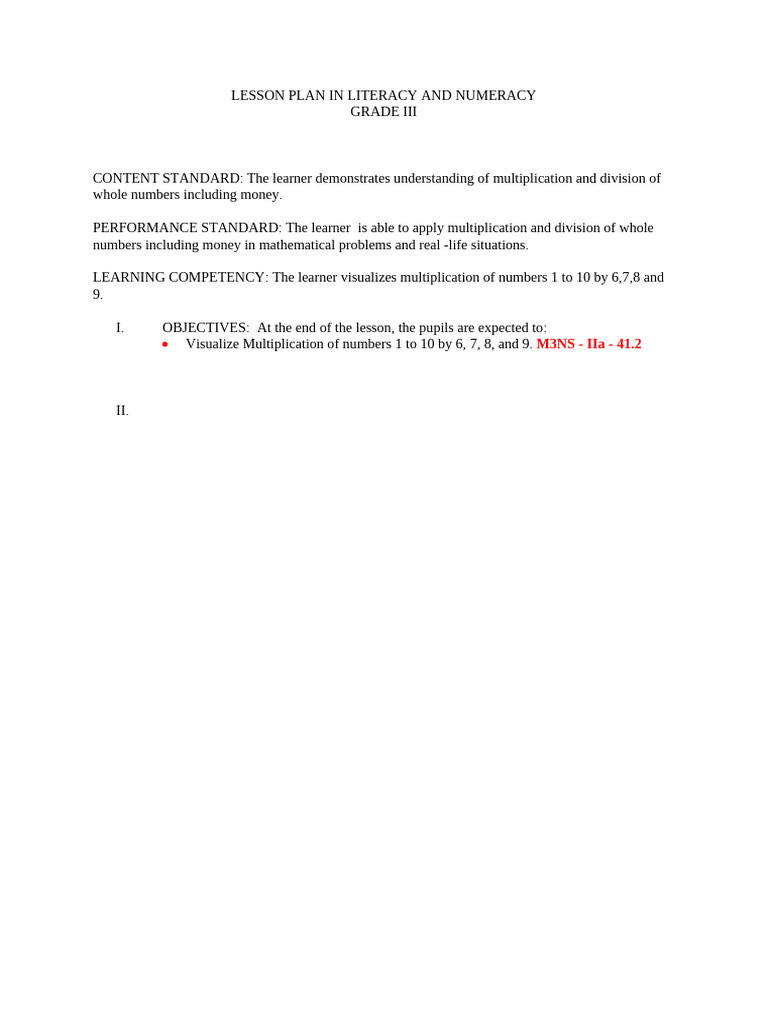 Lesson Plan in Literacy and Numeracy Grade 3 | PDF