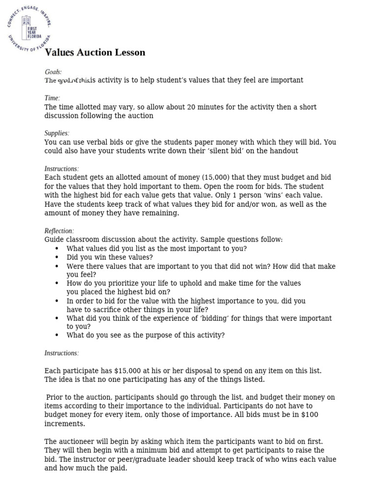 Values Auction Lesson | PDF