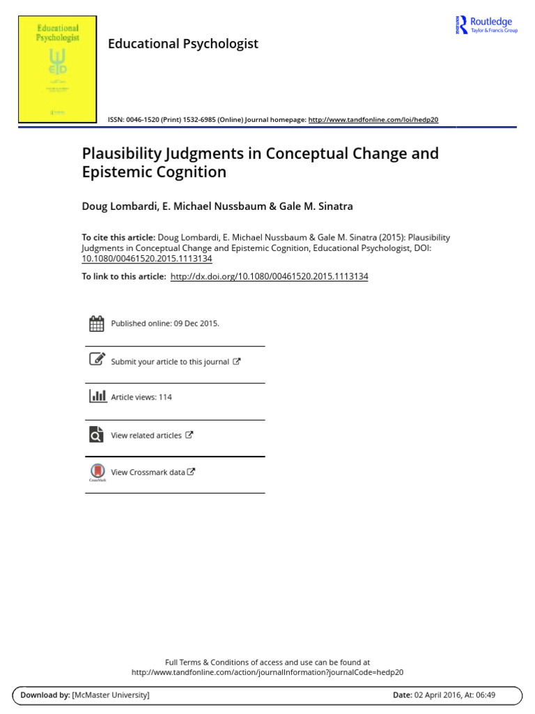 Plausibility Judgments in Conceptual Change and Epistemic Cognition | PDF