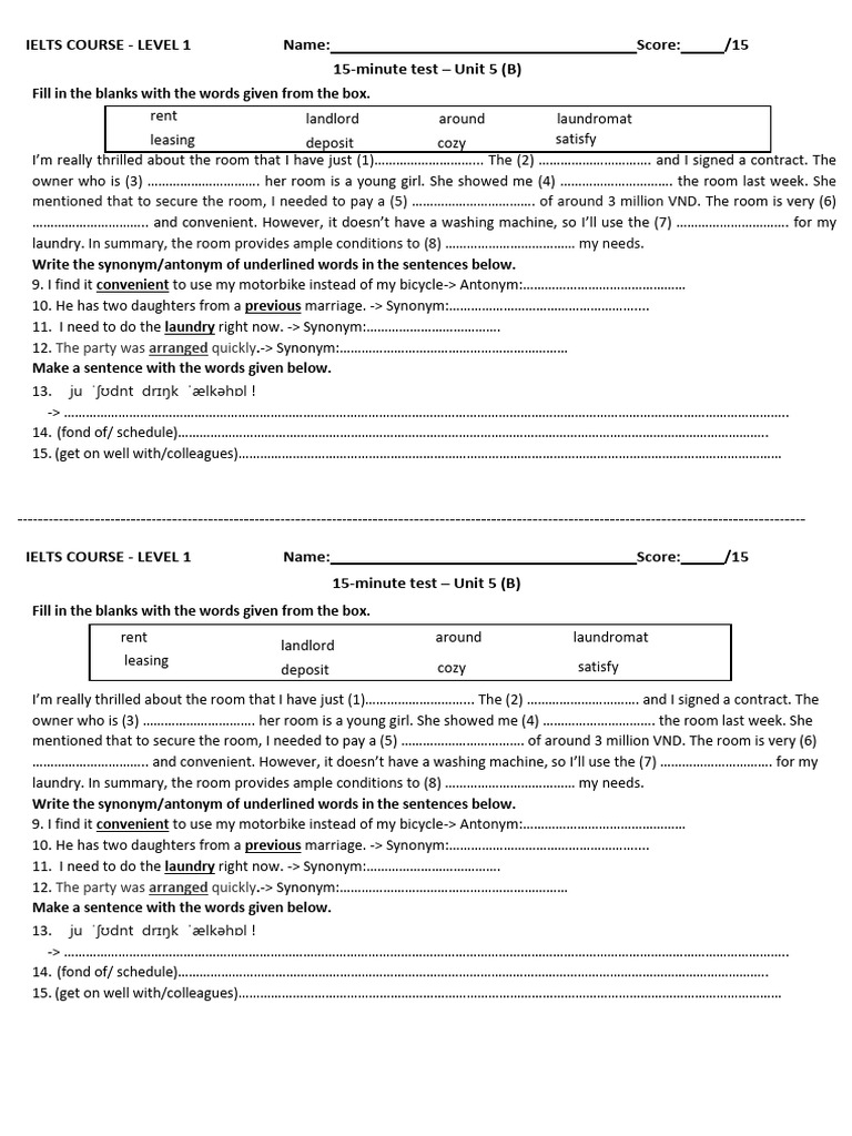 Level 1-Mini Test Unit 5 (B) + Key (Khảo 23 Từ Còn Lại) | PDF