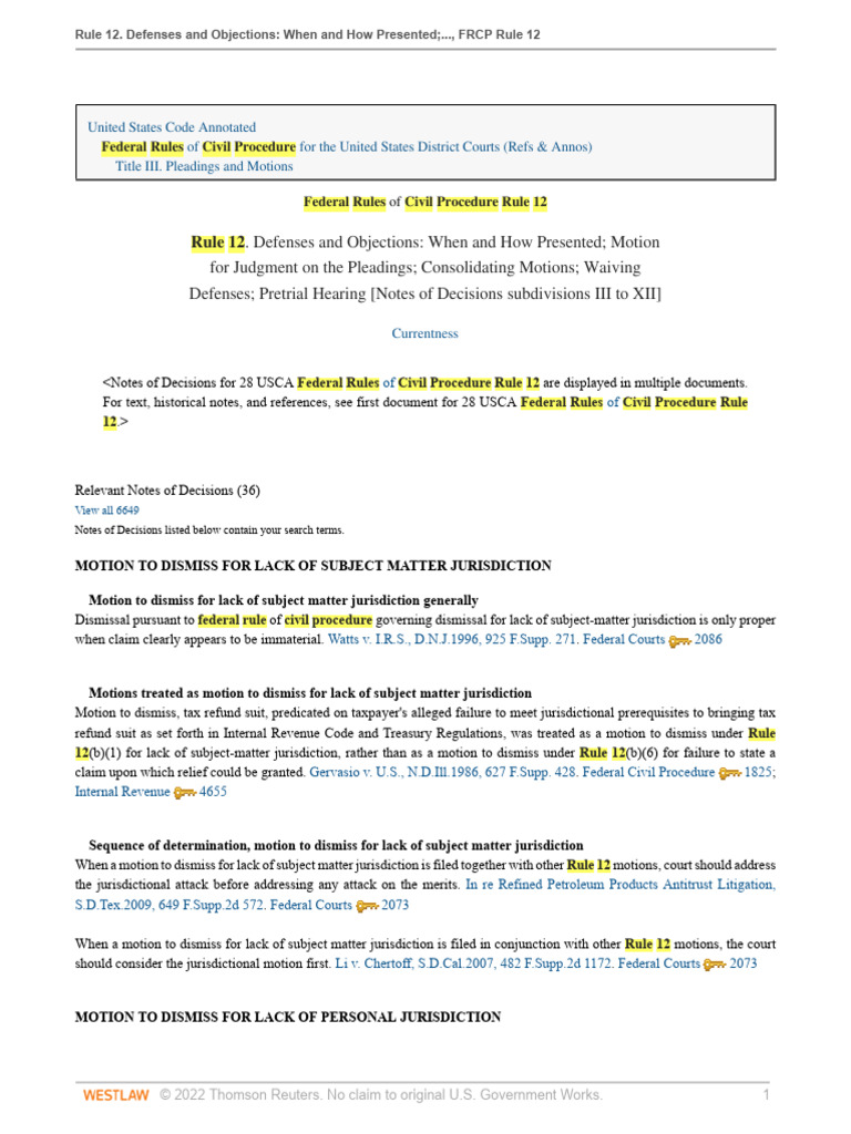 Rule 12 Defenses and Objections When and How Presented Motion For | PDF