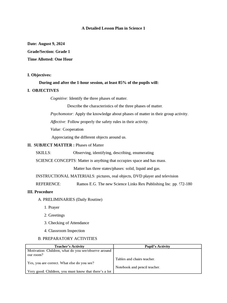 Grade 1 Science Lesson: Phases of Matter | PDF | Matter | Language Arts ...