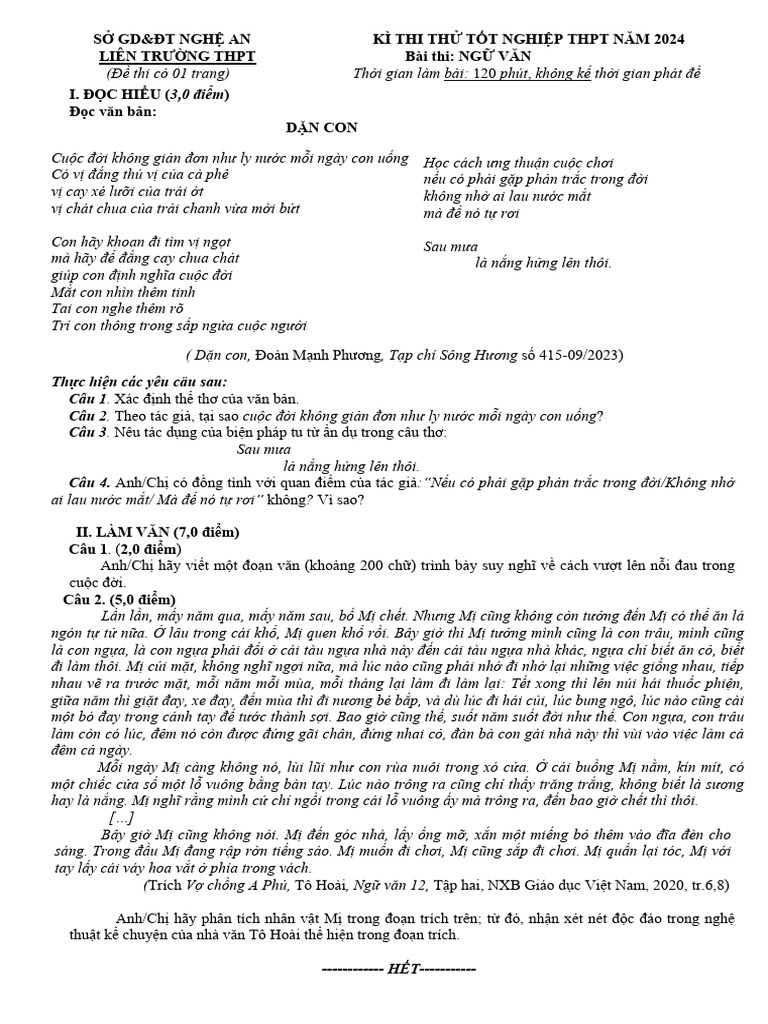 De Thi Thu Tot Nghiep THPT 2024 Mon Ngu Van Lan 2 Lien Truong THPT Nghe ...