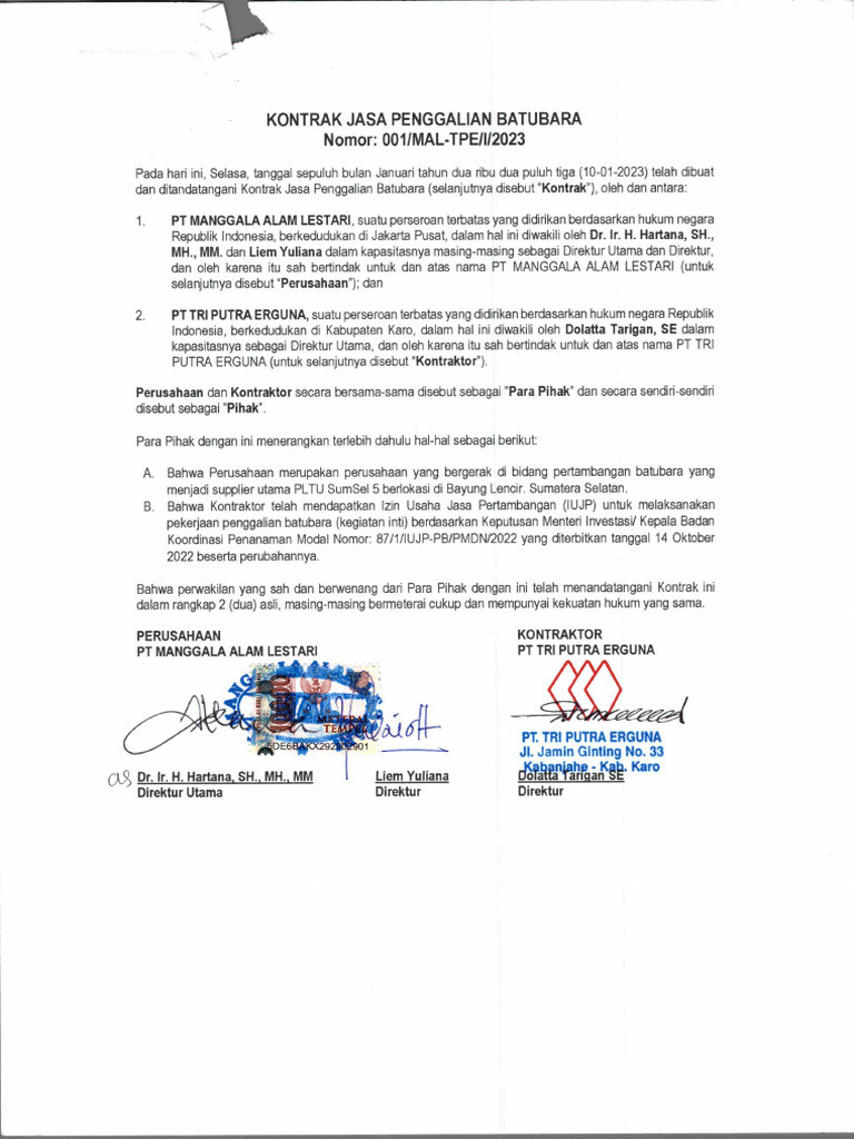 Kontrak Jasa Penggalian Batubara Mal 001-2023 | PDF