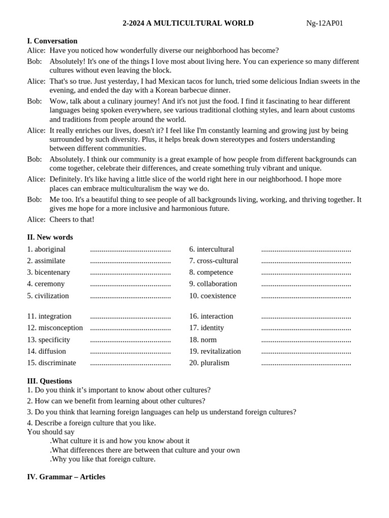 2-2024 unit 2-A multicutural world -articles | PDF