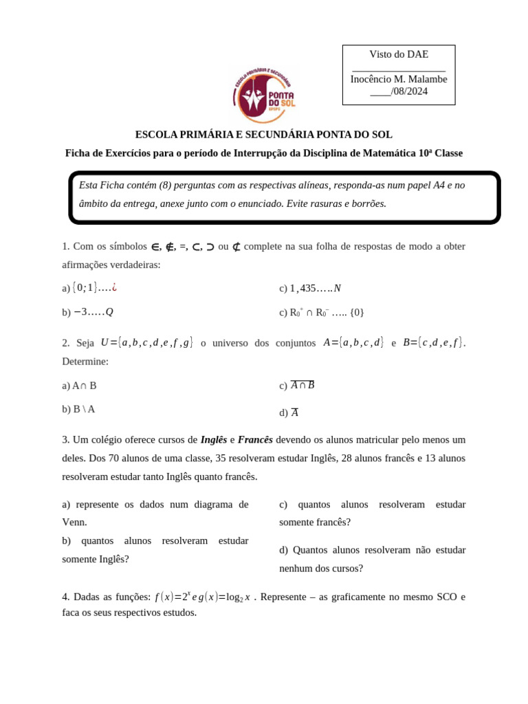 Exercicios para o Periodo de Interrupcao Matematica 10a Classe | PDF Exercicios para o Periodo de Interrupcao Matematica 10a Classe | PDF