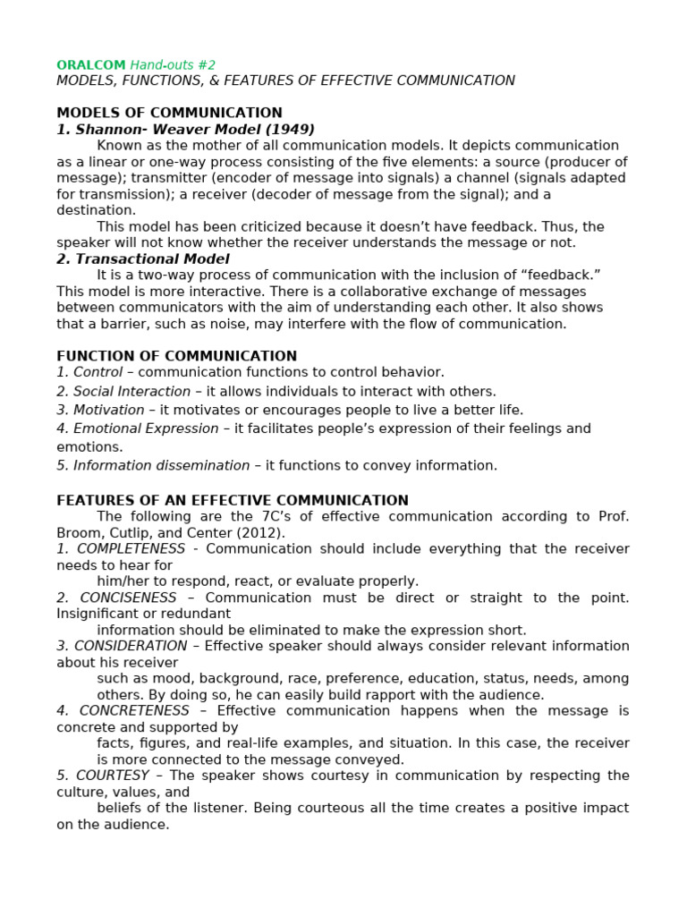 Models Functions Features of Effective Comm | PDF